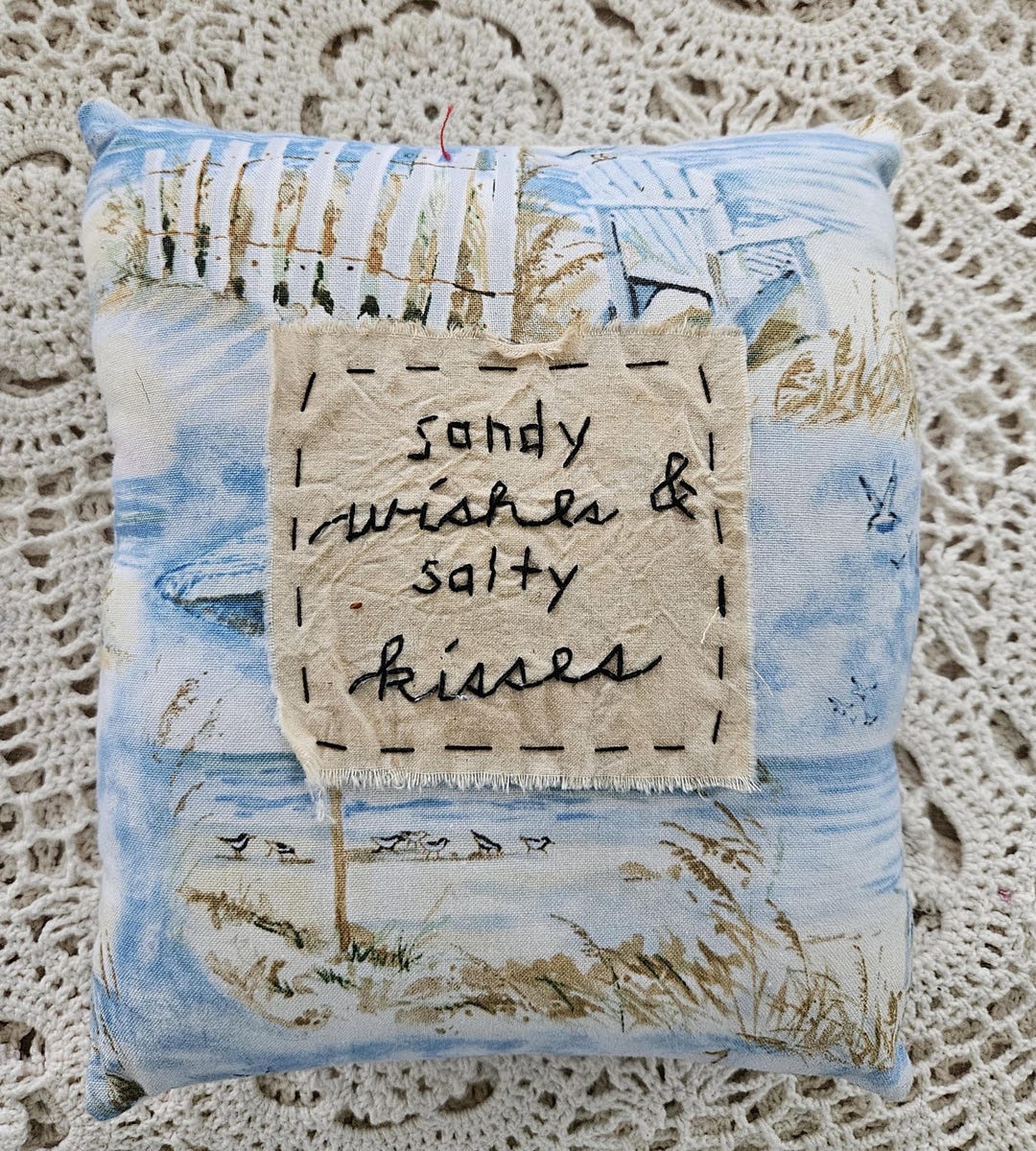Sandy Wishes Salty Kisses Primitive Stitchery Pillow ~ Farmhouse Decor ...