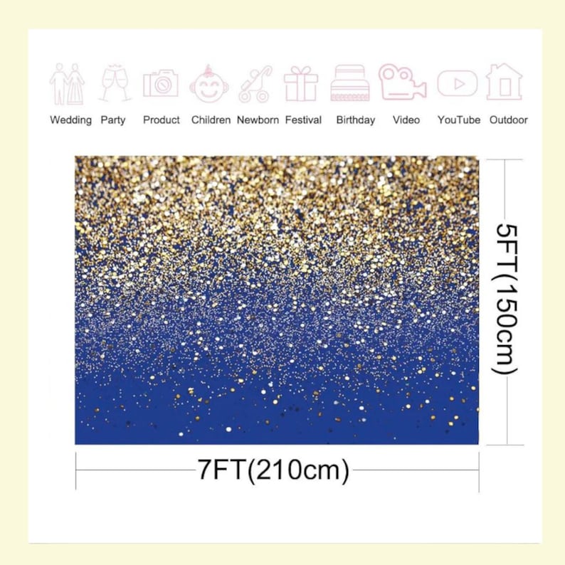Royal Blue and Gold Sparkle Backdrop 7x5ft | Glitter Bokeh Photography ...