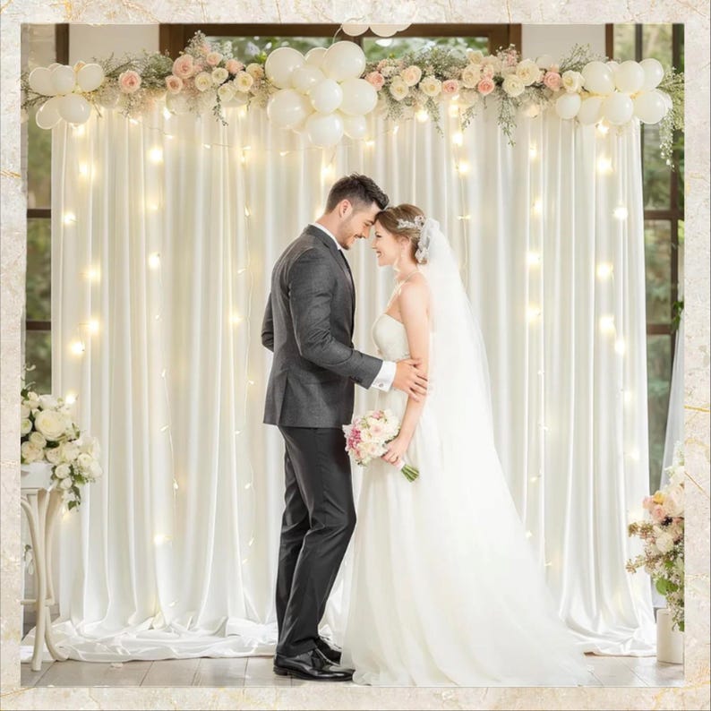 Cream White Sheer Backdrop Curtains With Lights, 10x10ft Wedding Party ...