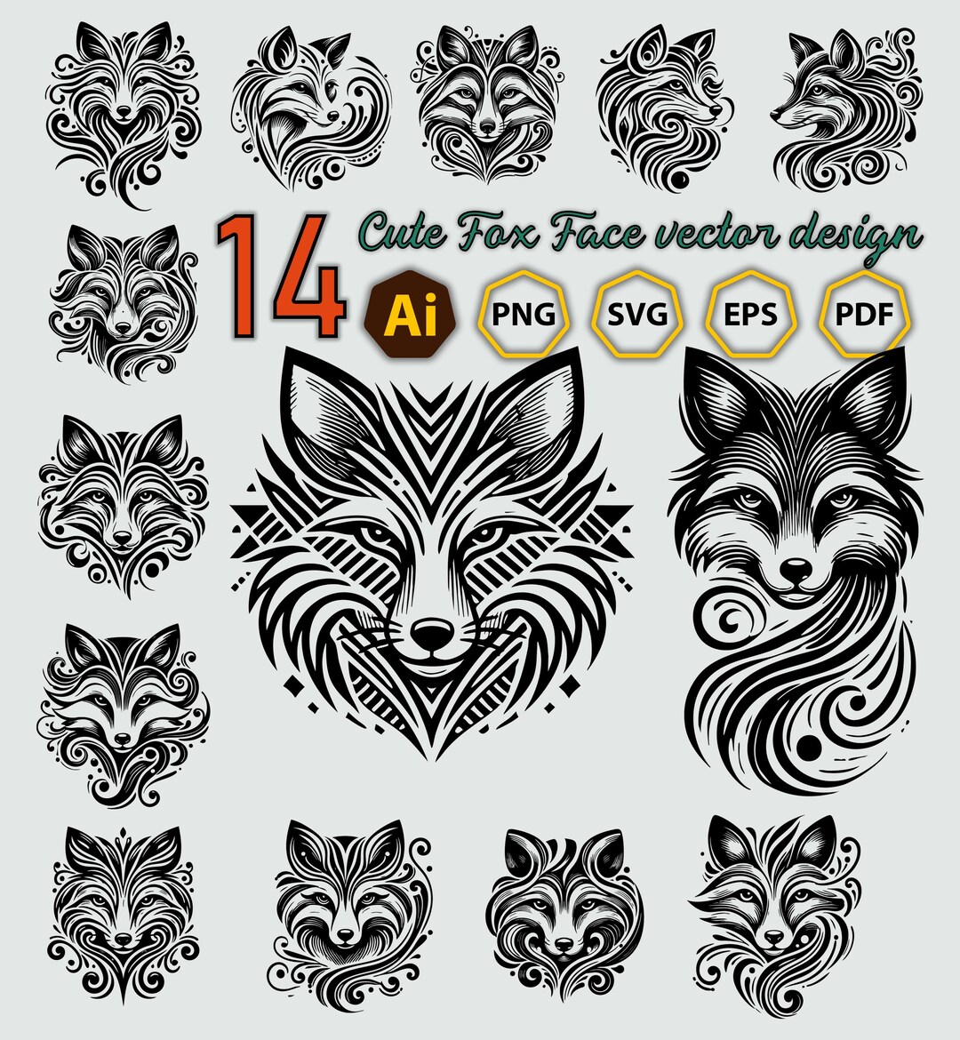 Fox Face Vector Designs: Tribal Ornamental Clipart (SVG, EPS, Ai, PDF ...