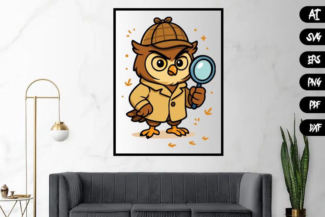 Detective Owl SVG: Cartoon Clipart for Cricut, Sublimation (digital ...