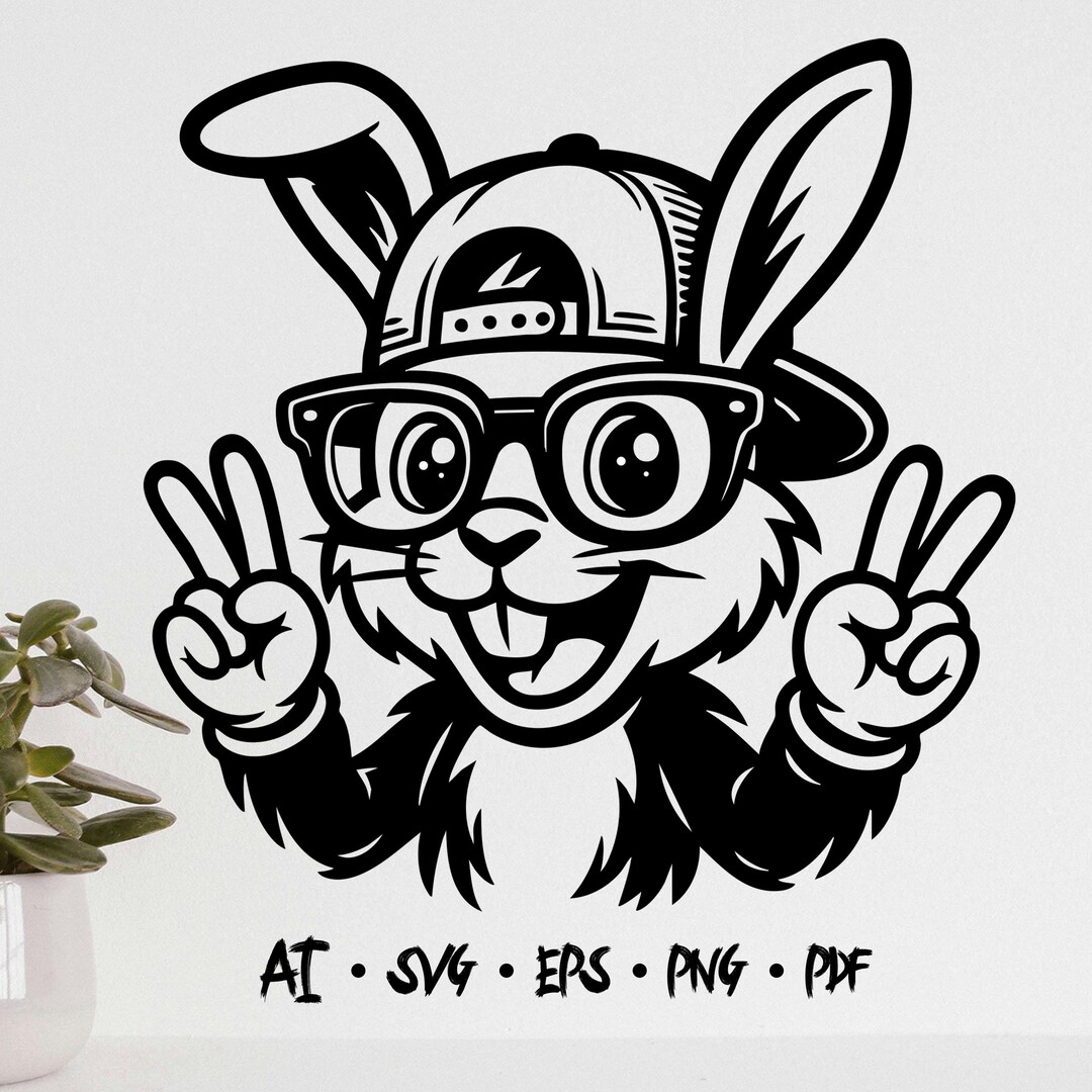 Cool Hipster Bunny Vector | Peace Sign Cartoon Rabbit Clipart | AI SVG ...