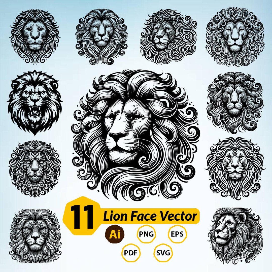 Lion Face Vector Bundle – 11 Hand-drawn SVG, PNG, AI, Eps, Pdf ...
