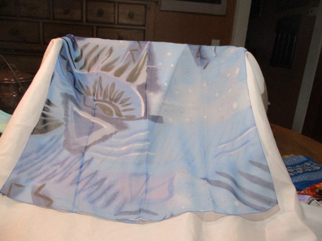 A Vintage Sheer, Abstract Art Design Scarf in Blues, Black and White ...