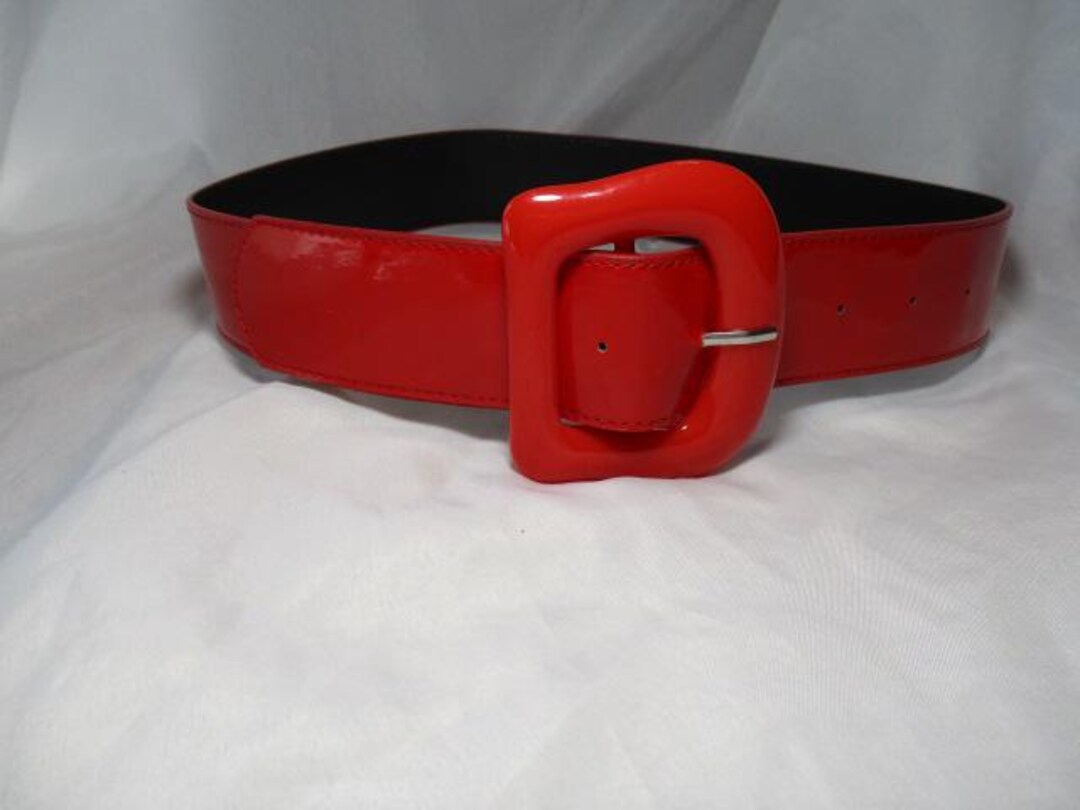 A 1990's Shiny, Bright Red Vinyl Patent Leather-like Belt With a Lucite ...