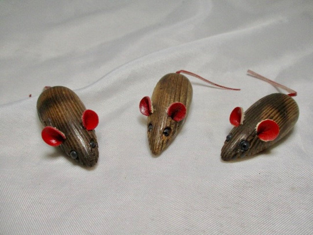 A Vintage Set of Danish Wooden Miniature Mice With Red Ears and Tails ...