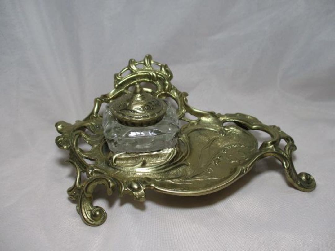 1980's Brass Reproduction Inkwell Set With Heavy Glass Inkwell and ...