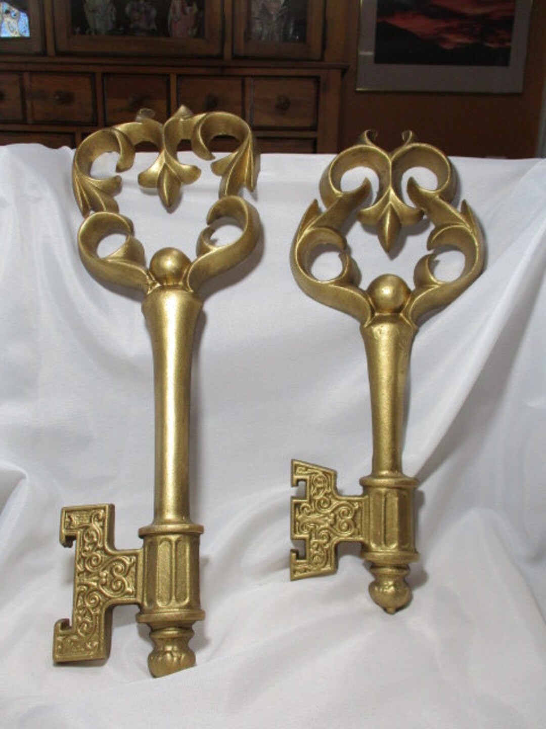 A Vintage Set of Two, Large Cast Metal Ornate Keys in a Gold Tone ...