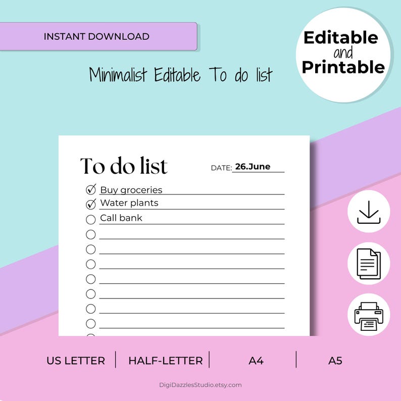 Printable and Editable to Do List, Simple Daily Planner, Download, PDF ...