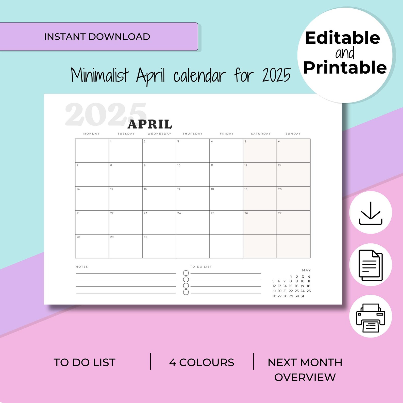 Printable and Editable April Calendar 2025, Monthly April Planner ...