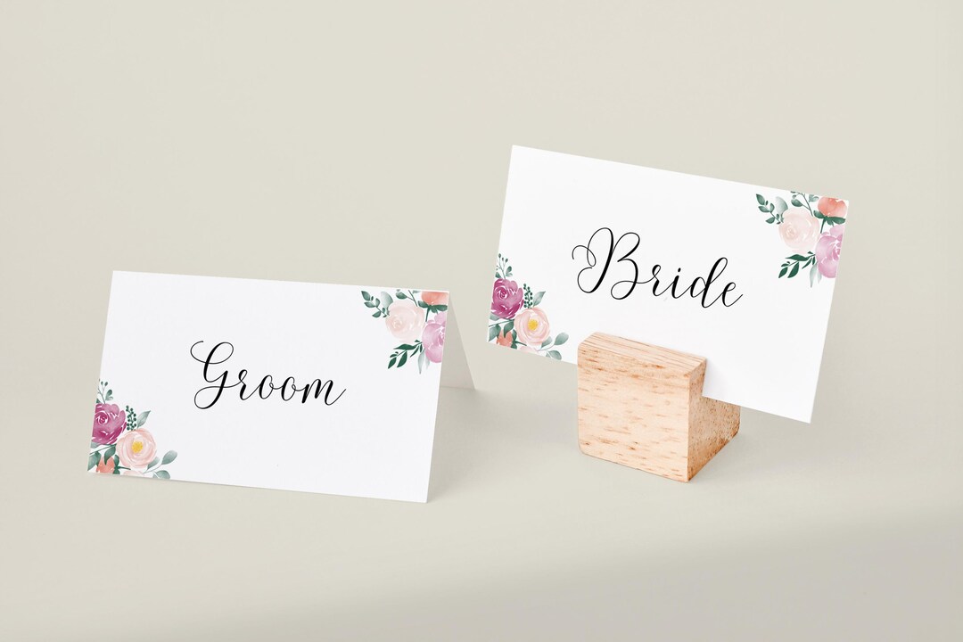 Watercolour Floral Place Card Template Elegant Font Flat Lay and Folded ...