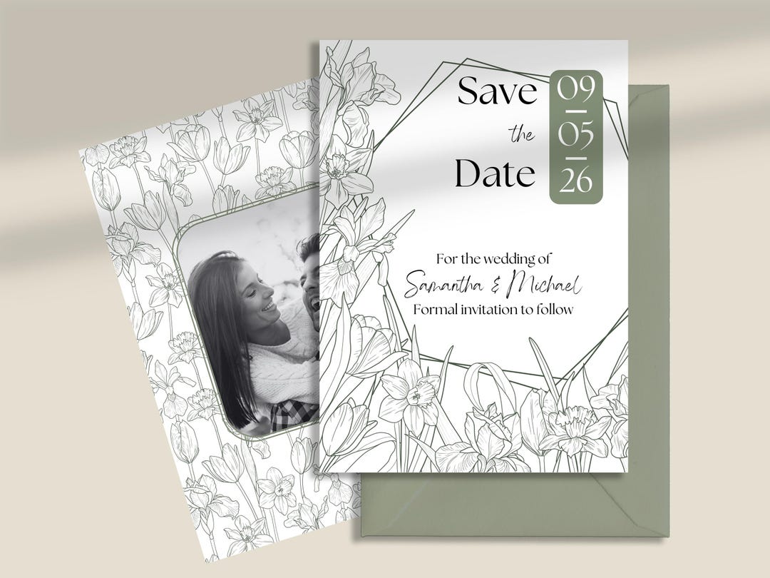 Save the Date Template Green Hand Drawn Floral Line Drawing ...