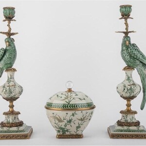 Porcelain Green Parrots Candlesticks, Candle Holders Pair With Bronze ...