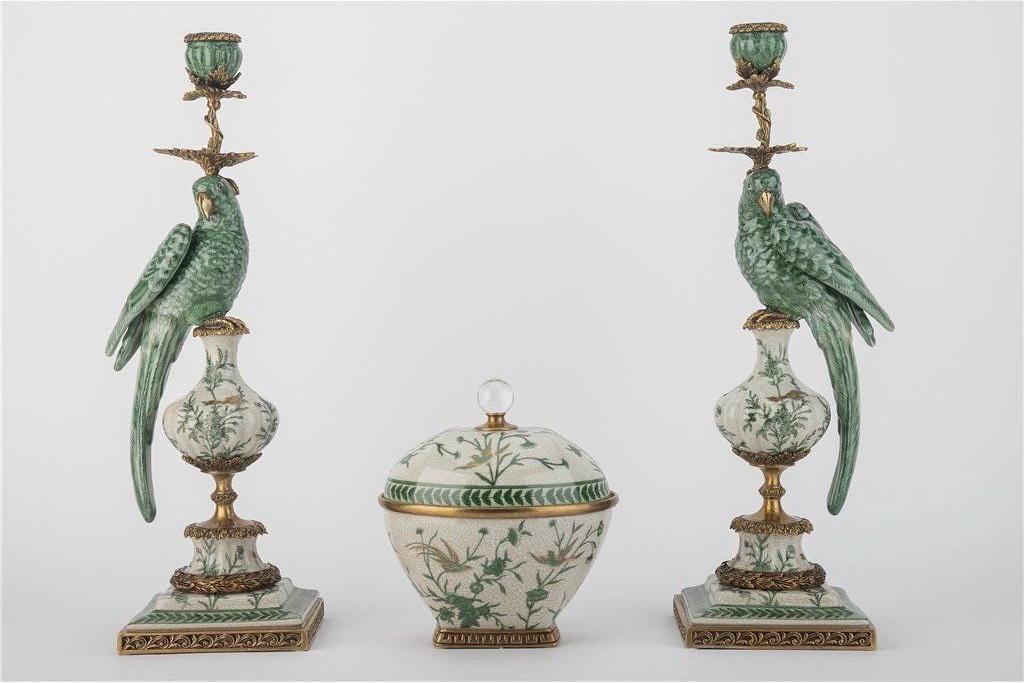 Porcelain Green Parrots Candlesticks, Candle Holders Pair With Bronze ...