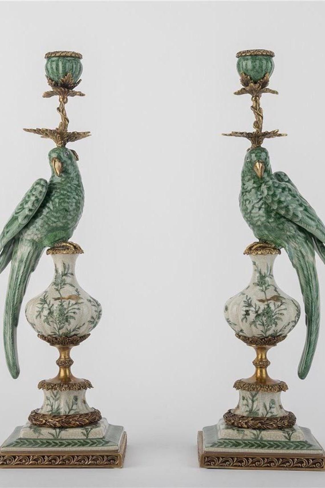 Porcelain Green Parrots Candlesticks, Candle Holders Pair With Bronze ...