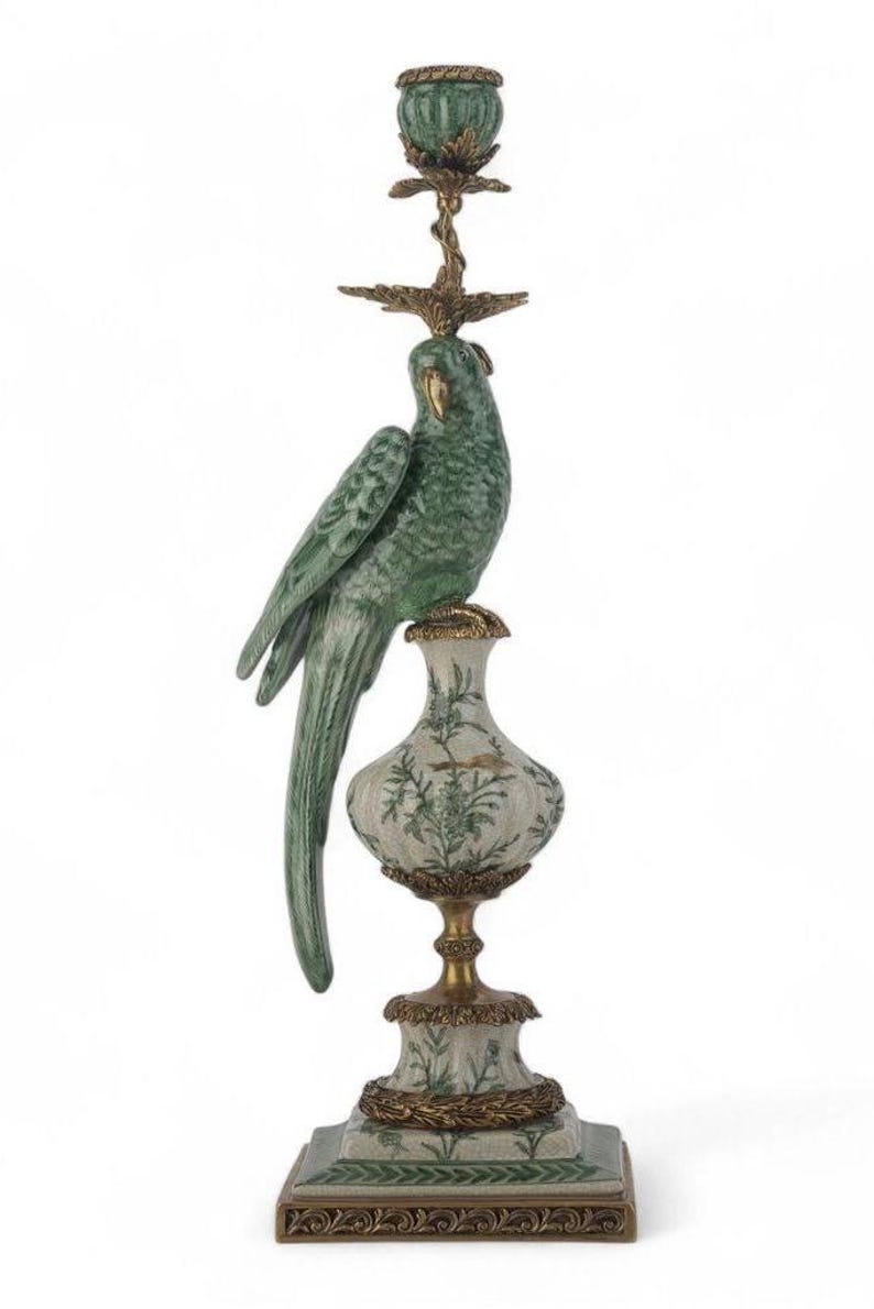 Porcelain Green Parrots Candlesticks, Candle Holders Pair With Bronze ...