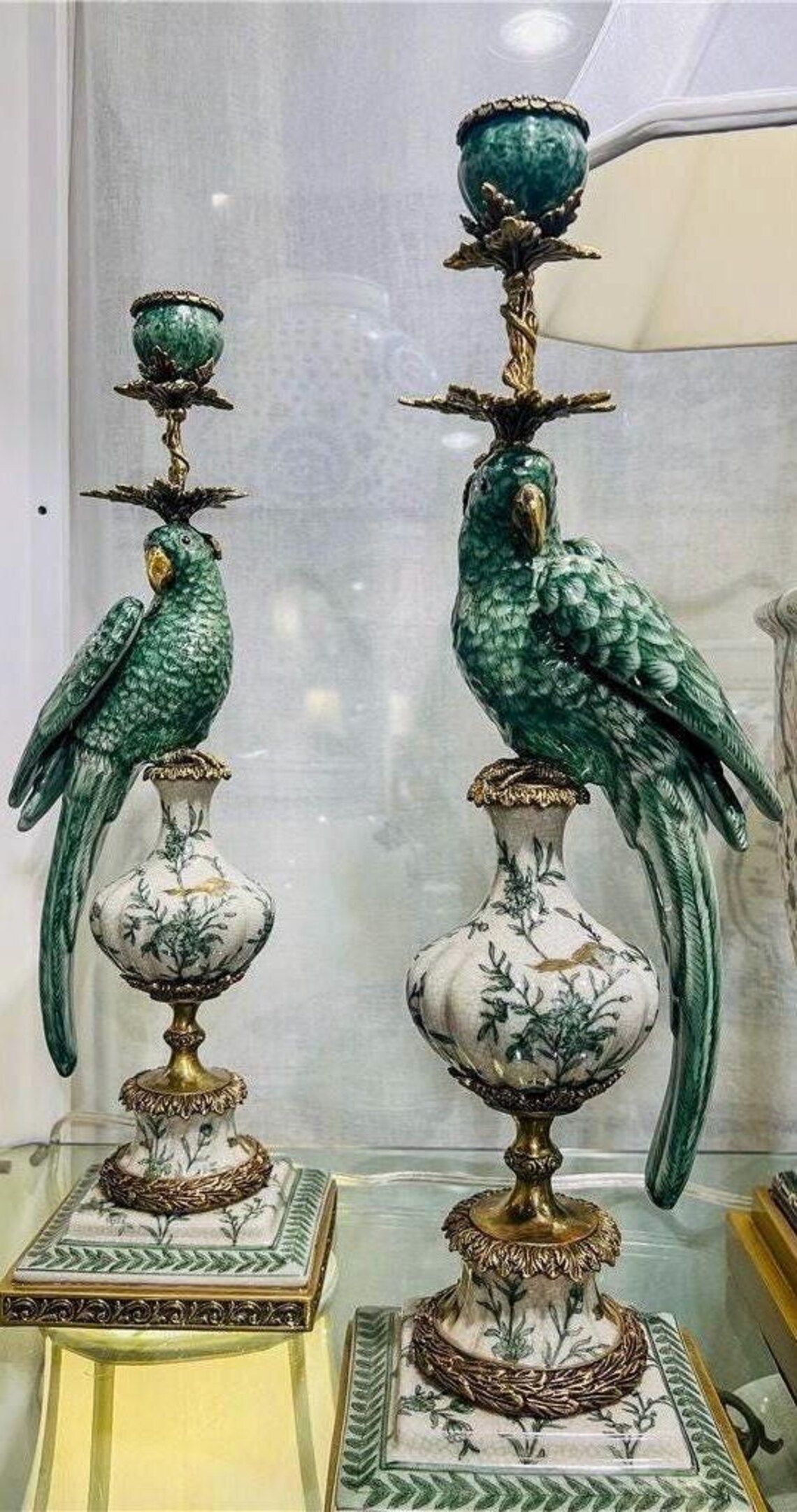 Porcelain Green Parrots Candlesticks, Candle Holders Pair With Bronze ...