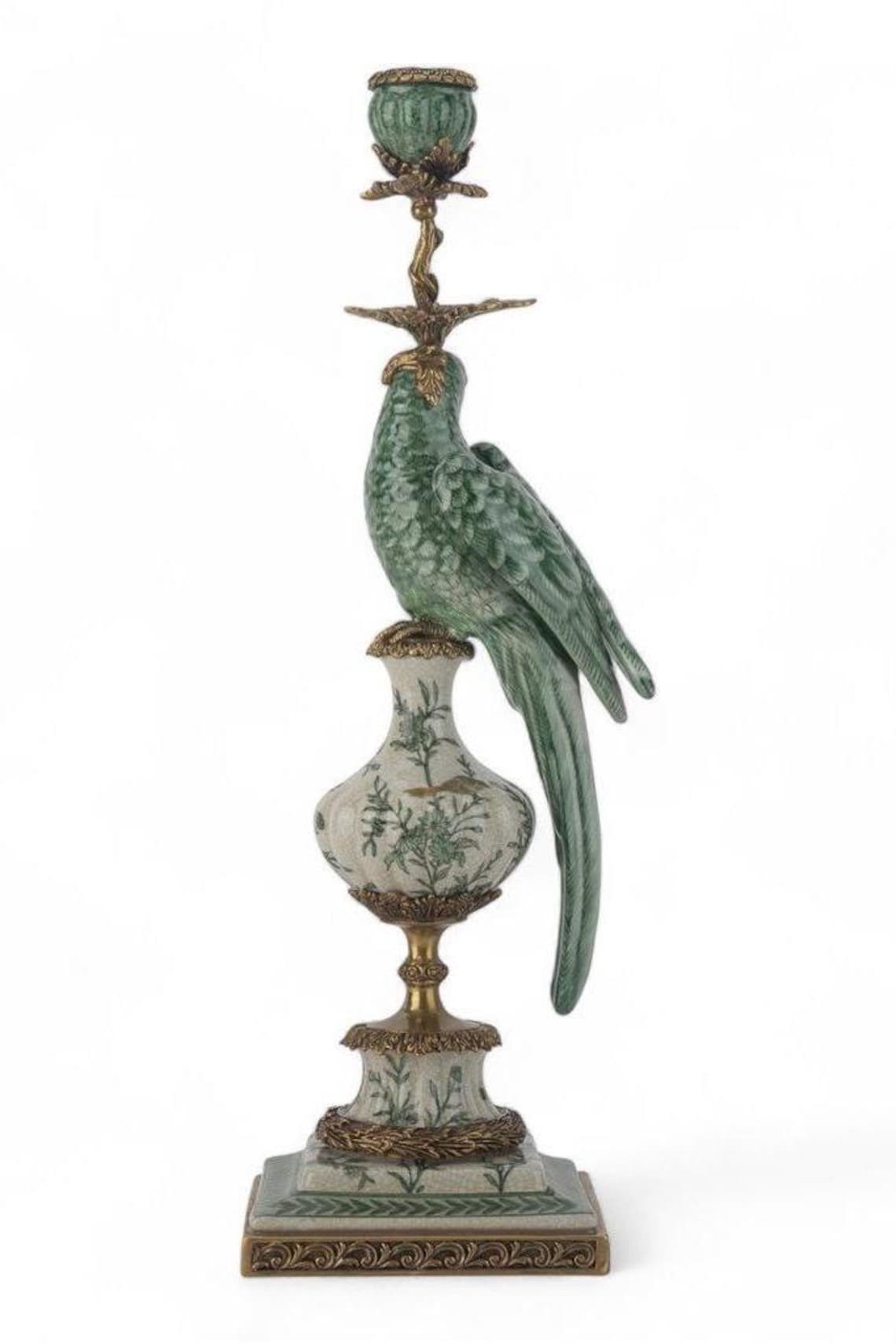 Porcelain Green Parrots Candlesticks, Candle Holders Pair With Bronze ...