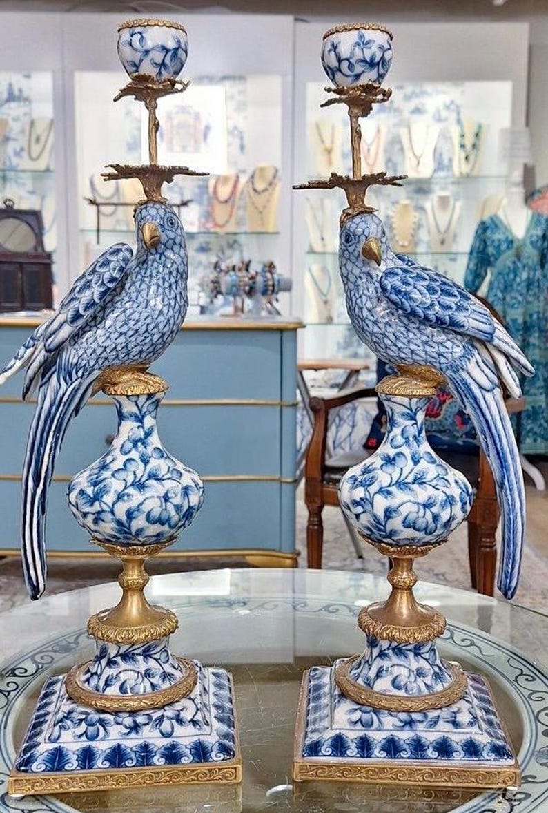 Porcelain Green Parrots Candlesticks, Candle Holders Pair With Bronze ...