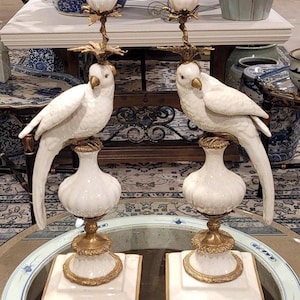 Porcelain Green Parrots Candlesticks, Candle Holders Pair With Bronze ...