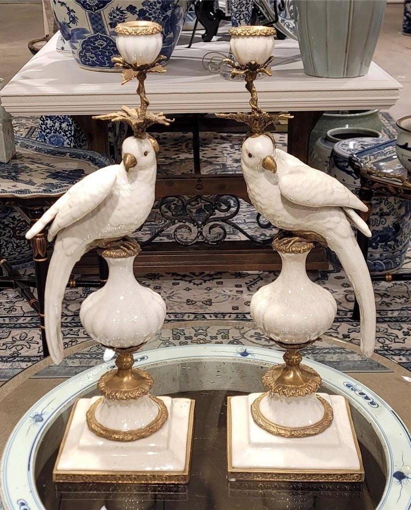Porcelain Green Parrots Candlesticks, Candle Holders Pair With Bronze ...