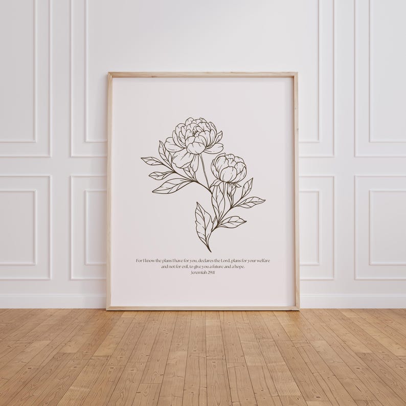 Jeremiah 29:11 Print, Rose Line Art, Scriptural Artwork, Christian Home ...