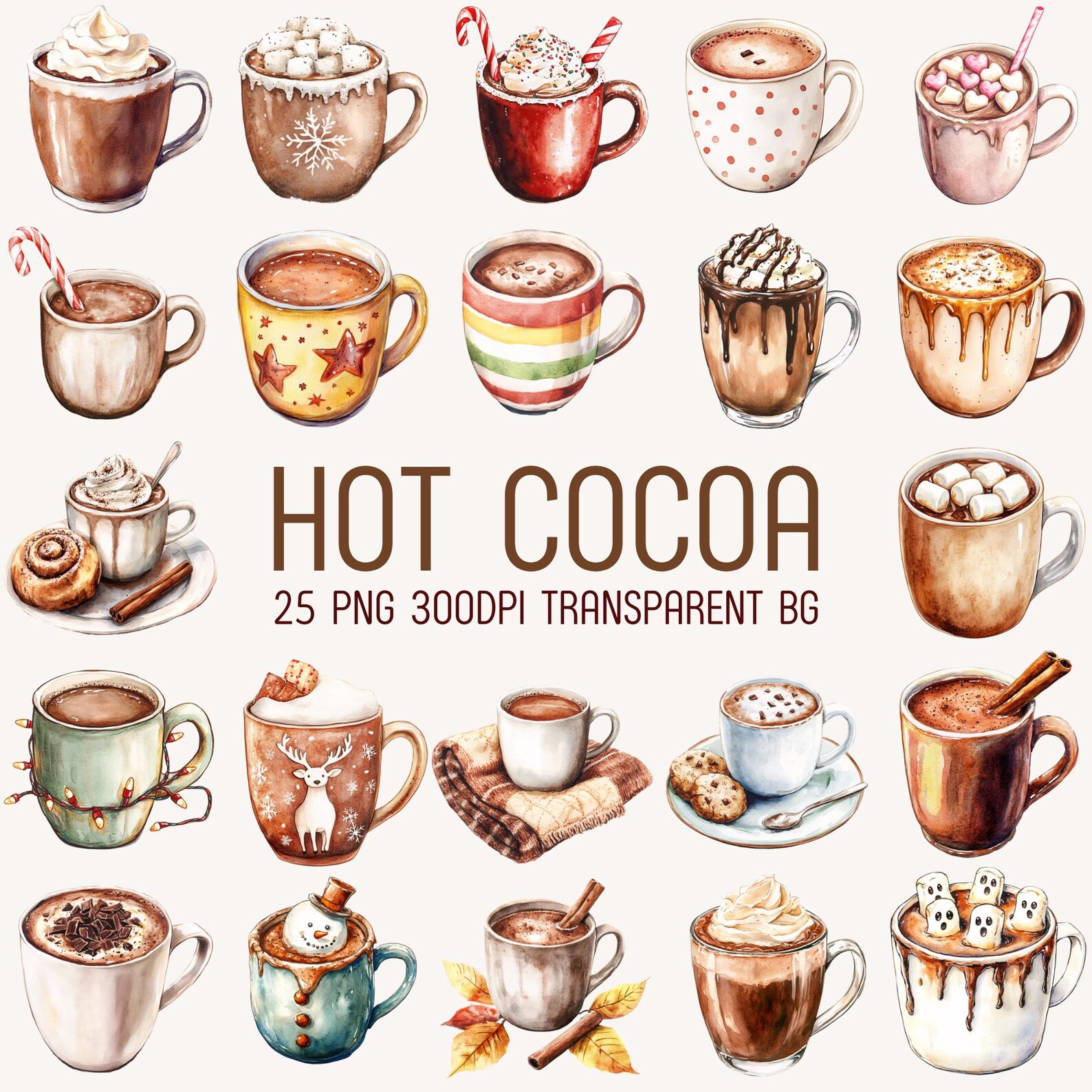 Watercolor Hot Chocolate Clipart - 25 PNG Files, Christmas Hot Cocoa ...