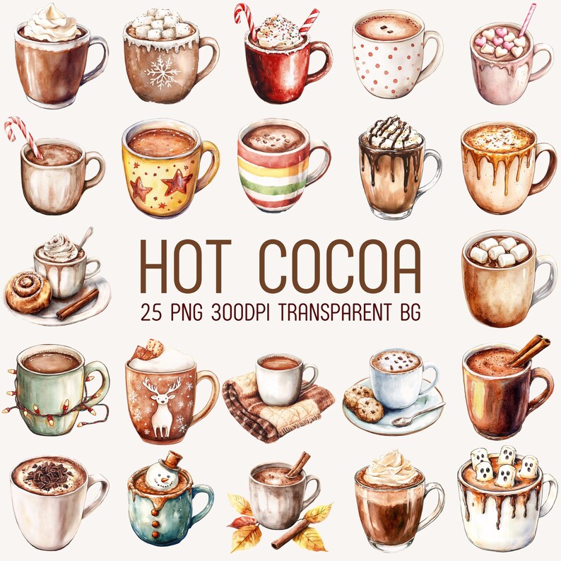 Watercolor Hot Chocolate Clipart - 25 PNG Files, Christmas Hot Cocoa ...