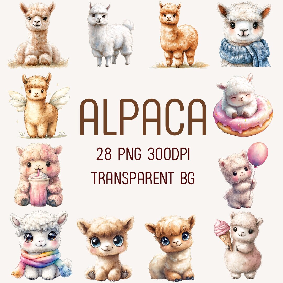 Watercolor Kawaii Alpaca PNG Bundle, Cute Llama Clipart, Digital ...