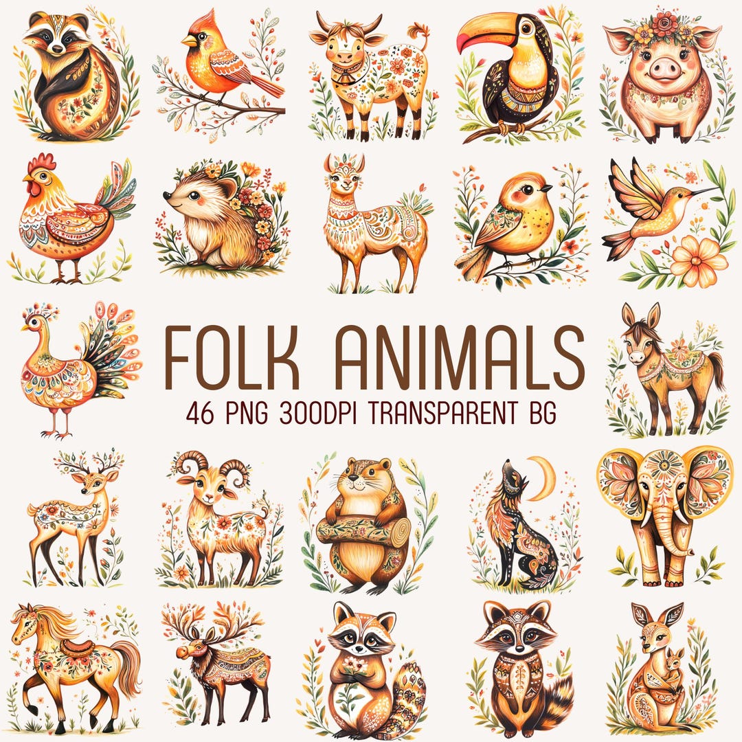 Folk Animals Clipart – 46 Rustic PNG Illustrations (commercial Use) - Etsy