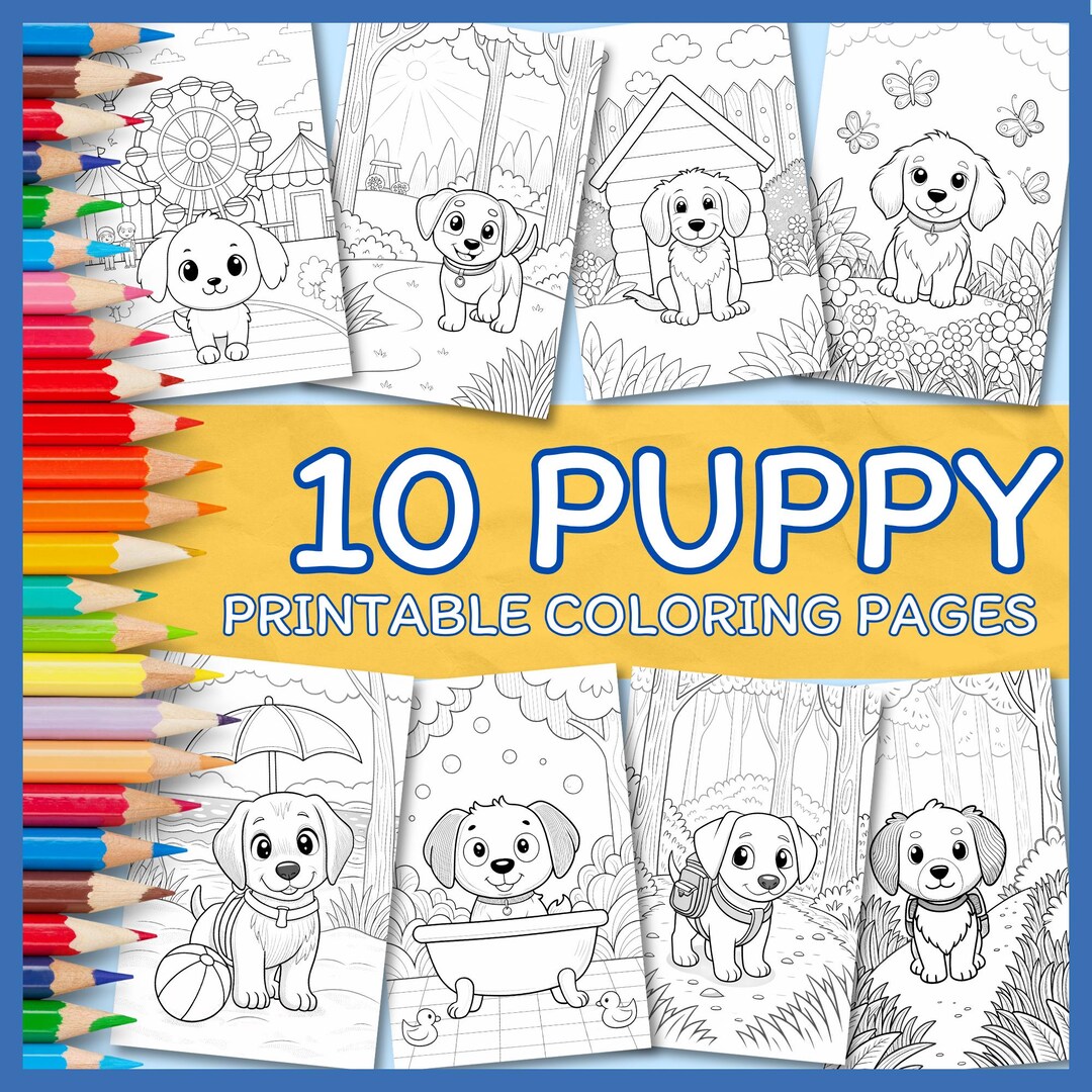 10 Puppy Coloring Pages – Cute Dog Printable Sheets for Kids, Digital ...