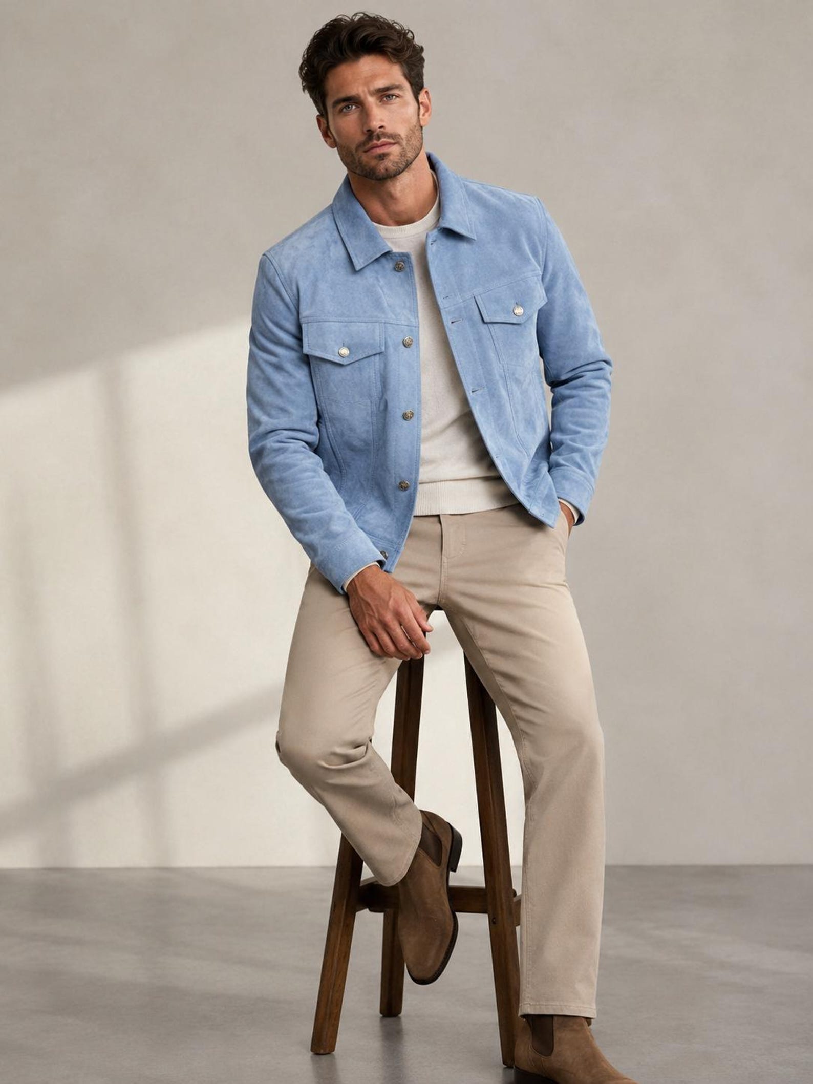 Men's Light Blue Suede Goat Leather Trucker Jacket, Western Cowboy ...
