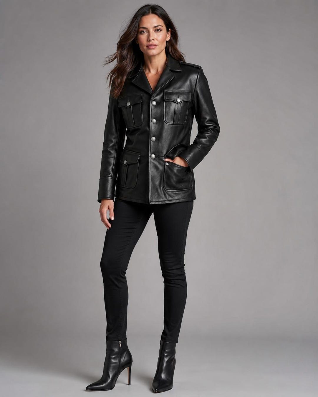 Black Goat Leather Utility Jacket, Handmade Italian Biker Field Coat - Etsy