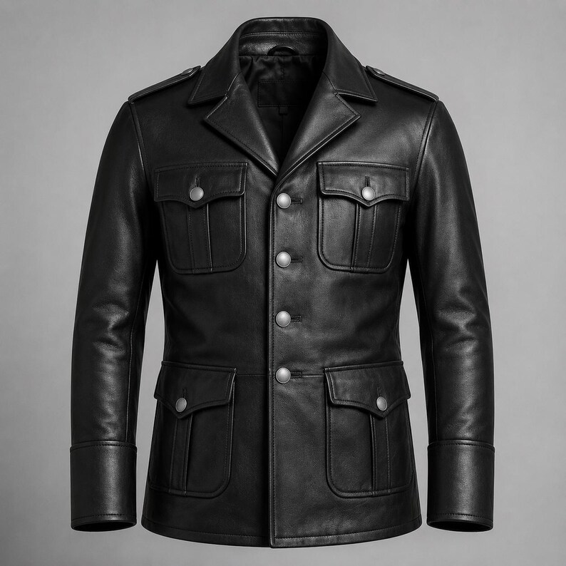 Black Goat Leather Utility Jacket, Handmade Italian Biker Field Coat - Etsy