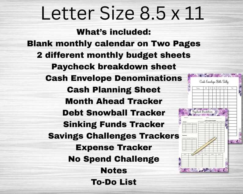 Purple Floral Budget Planner Inserts, Monthly Cash Breakdown (digital ...