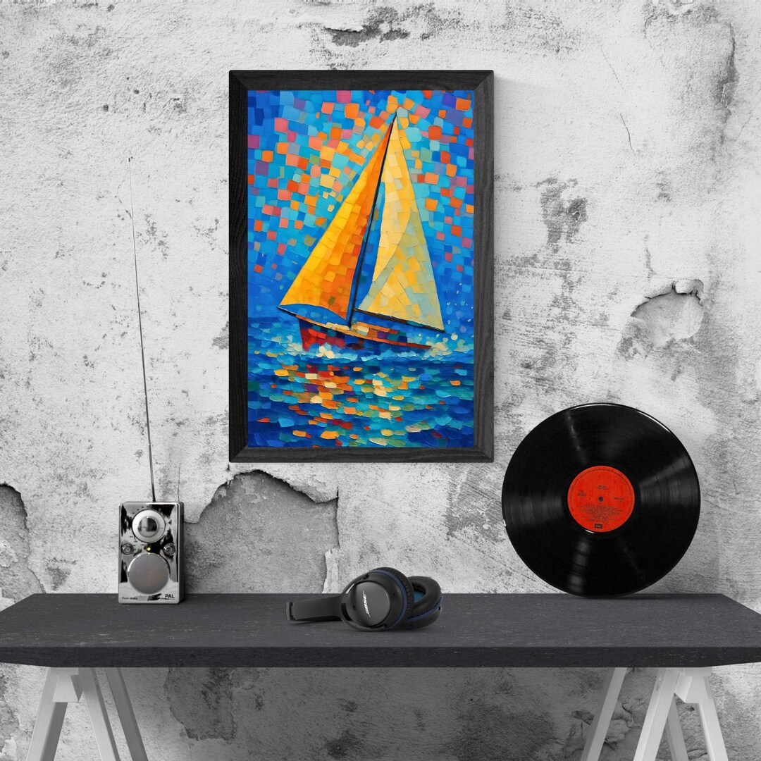 Abstract Sailboat Art Print, Cubist Ocean Painting, Vibrant Nautical ...