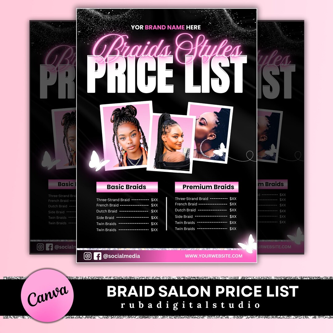 Braids Price List Template | Editable Hair Braiding Pricelist | Salon ...