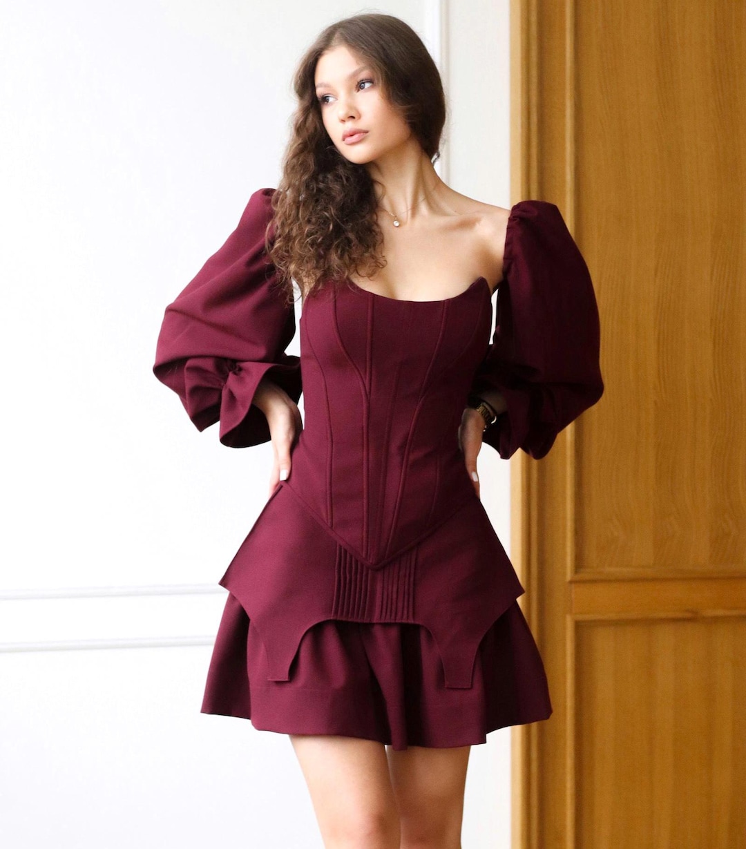 Modest Corset Top and Skirt Set With Sleeves, Overbust Corset, Short ...