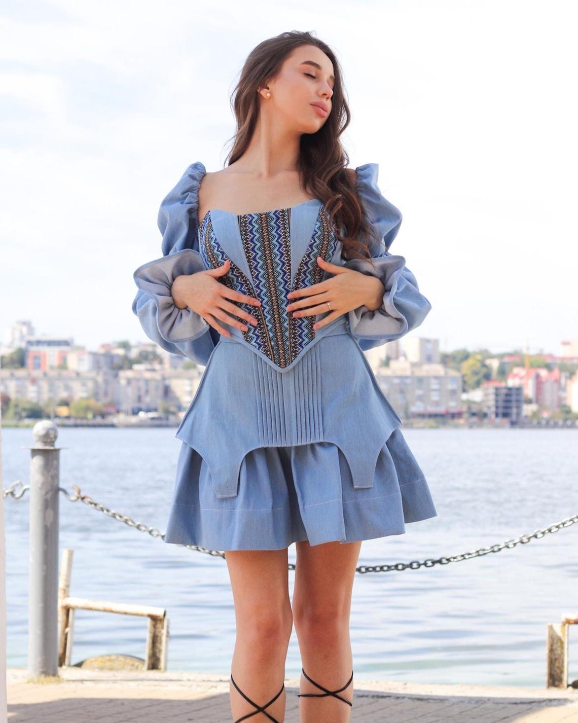 Blue Denim Corset Mini Dress With Long Puff Sleeves, Bustier Corset Top ...