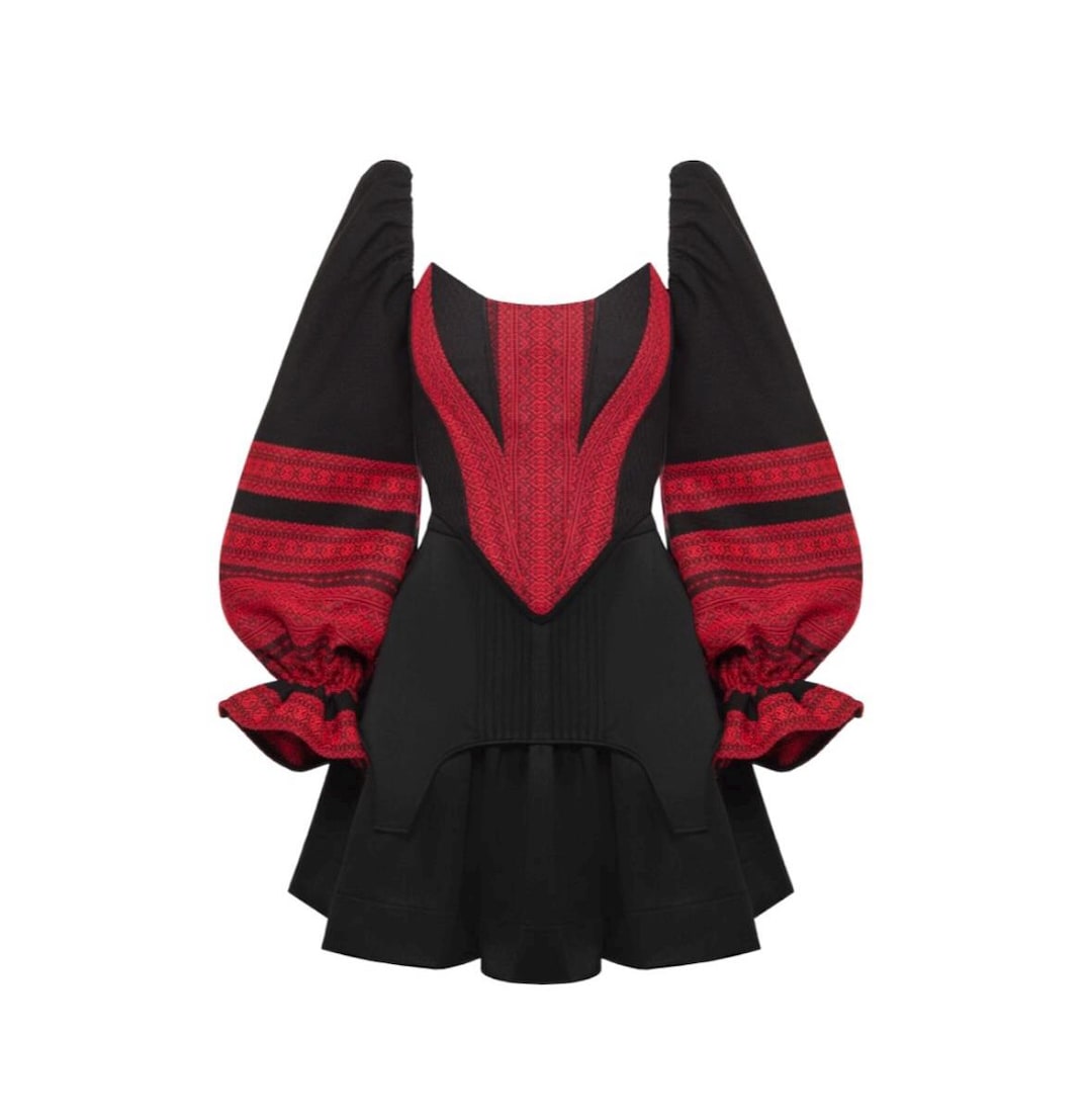 Black Gothic Corset Dress With Long Puff Sleeves and Red Embroidery ...