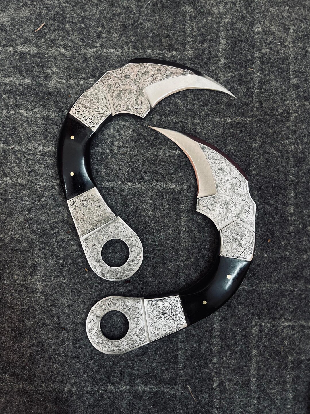 Handcrafted Engraved Karambit Knife Set: Floral Blade, Black Handle - Etsy