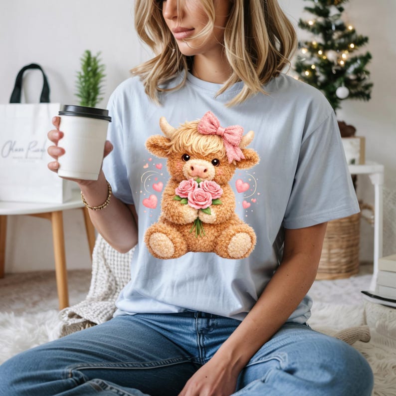 Coquette Highland Cow Valentine Roses, Cute Pink Bow Farm Cow PNG for ...