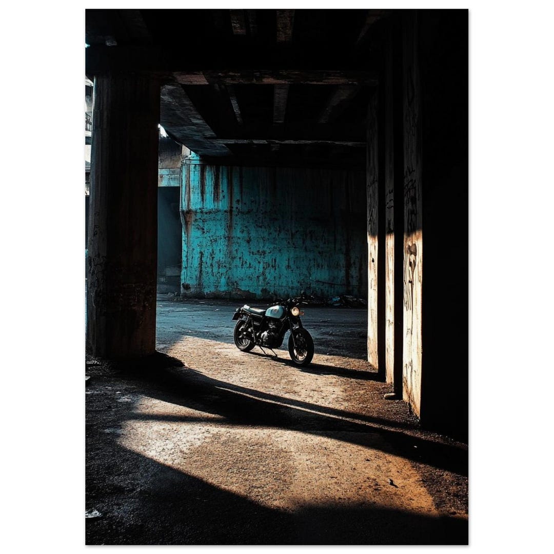 Urban Realism Motorcycle Poster - Bold Steel Blues Under Bridge Shadows ...