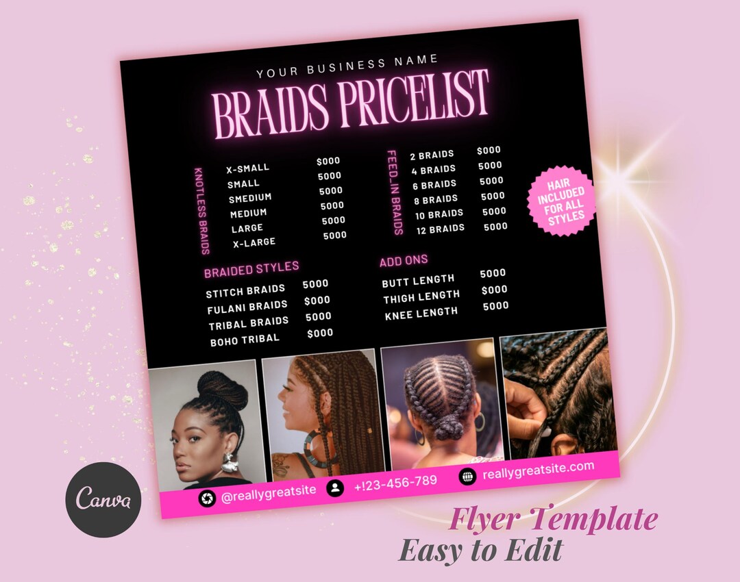 Braids Pricelist Flyer | Hair Braiding Price List | Salon Service Menu ...