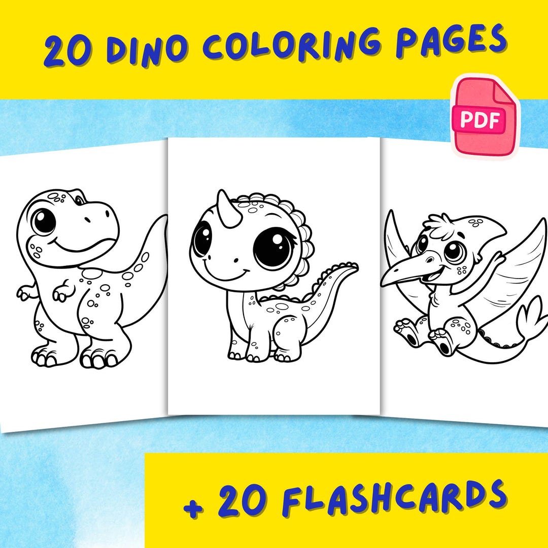 20 Dinosaur Coloring Pages for Kids PDF + 20 Color Flashcards ...