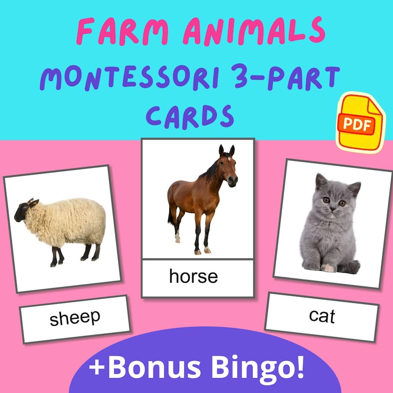 Montessori Farm Animals PDF | 3-part Cards & Bingo Game for Kids - Etsy