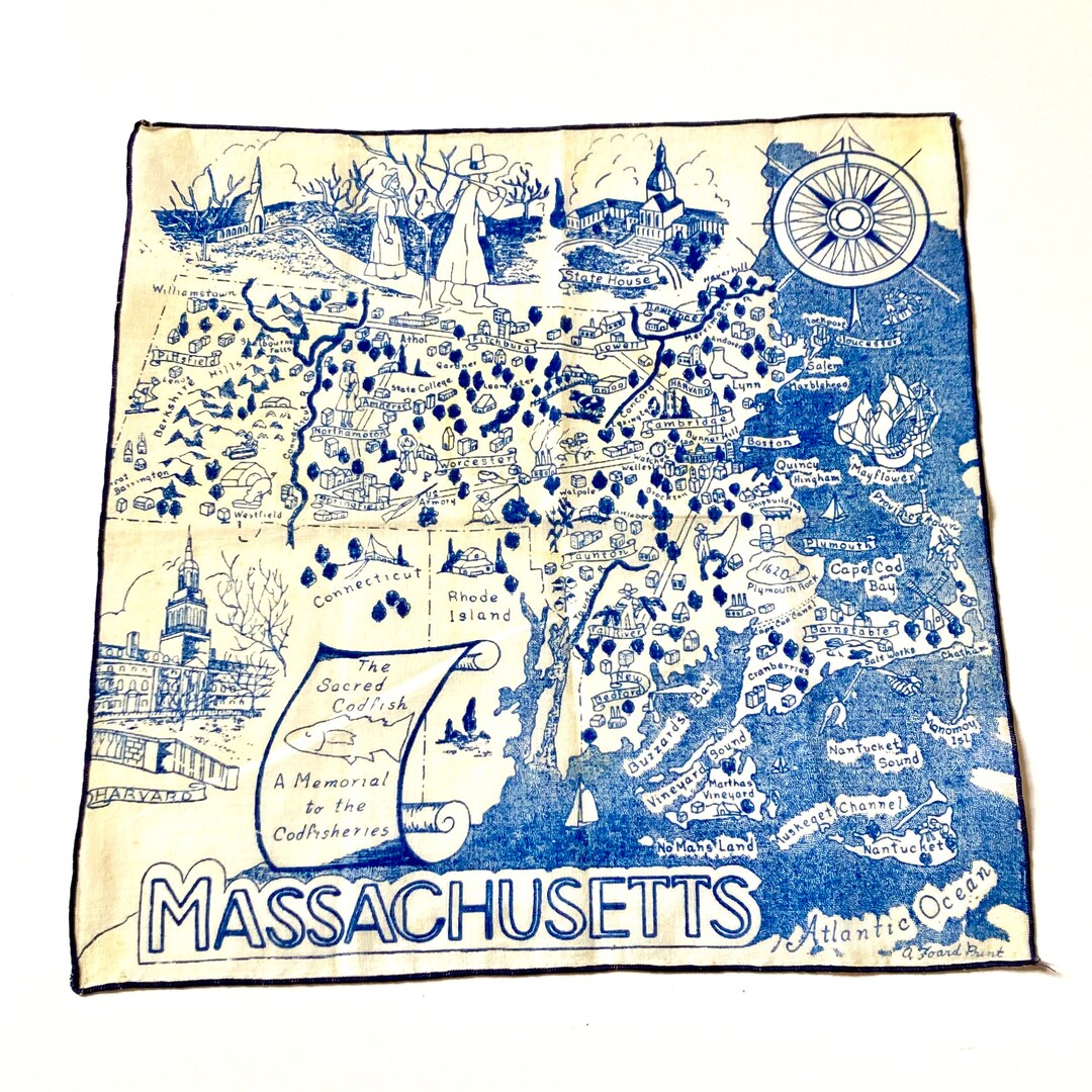 Vintage Massachusetts Map Hankie, Handkerchief, Blue & White, 12 Square - Etsy