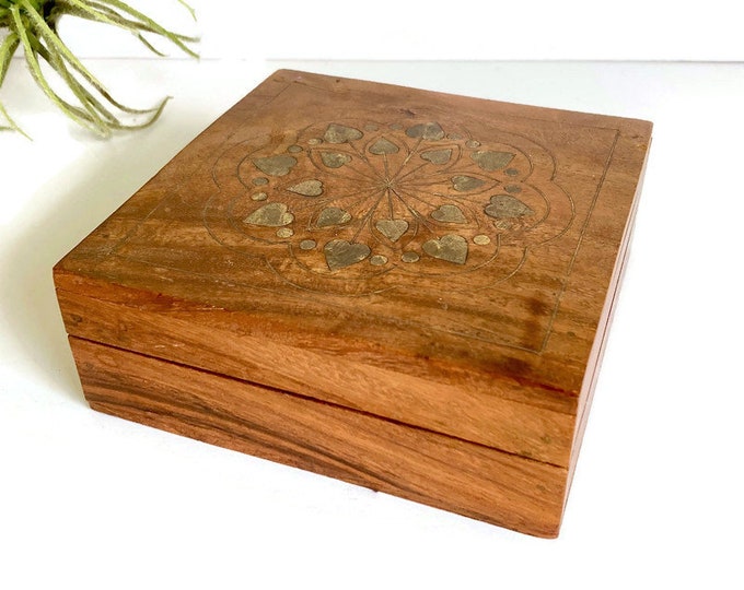 Vintage Square Wood Box With Brass Inlay Heart Design, Red Interior - Etsy