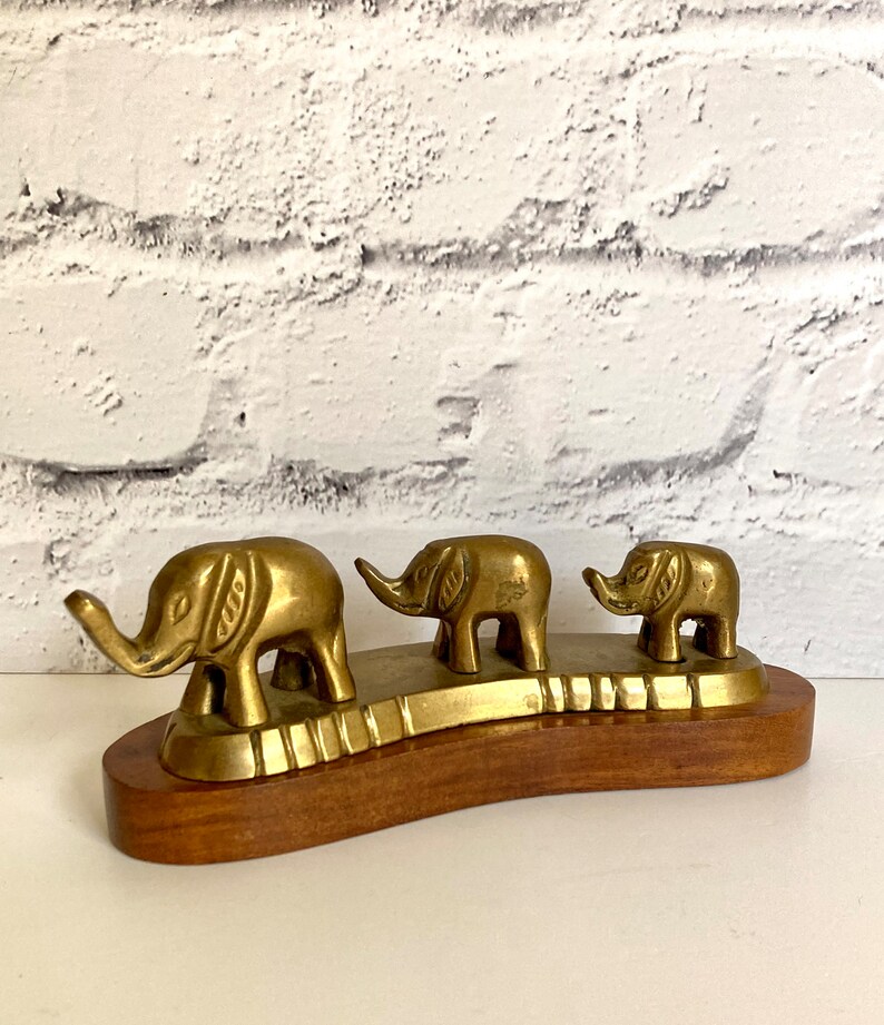 Vintage Brass Elephant Trio on Wooden Base - Etsy