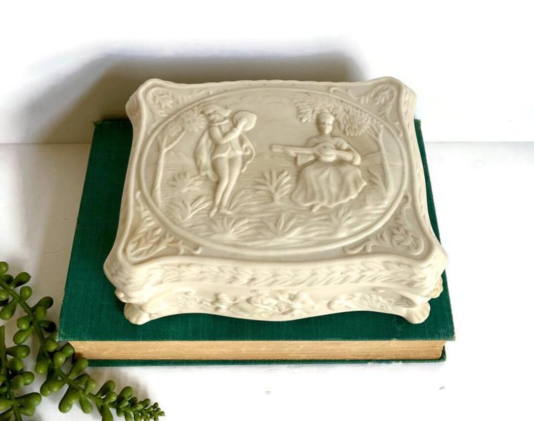 Vintage White Ceramic Bisque Style Trinket Box, Embossed Scenes - Etsy